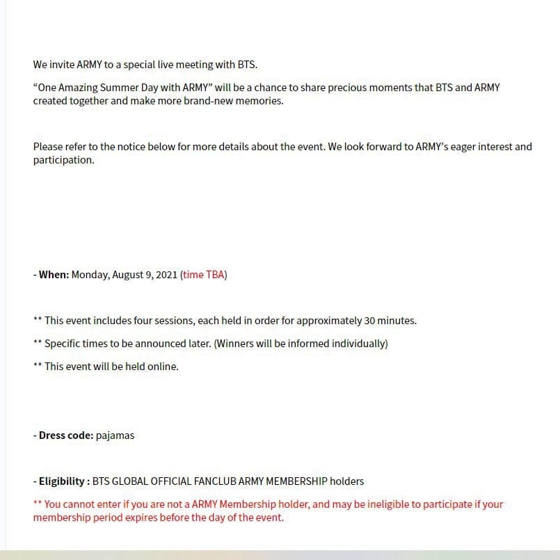 BTS Community Post - 200 lucky ARMYs will have a ZOOM meeting with BTS and their dress code is ...