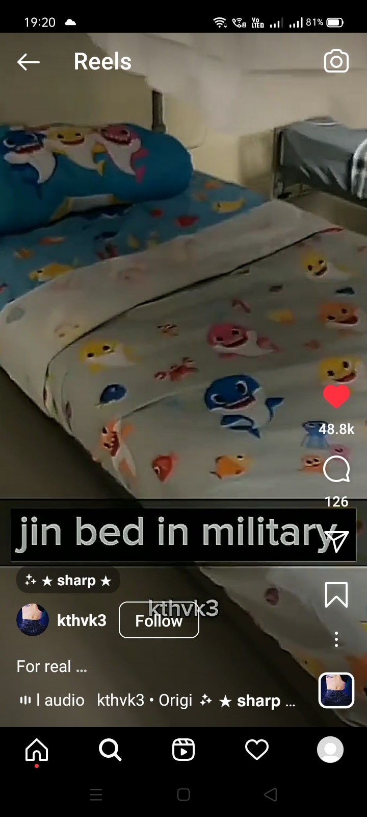 BTS Community Post - Jin bed in military