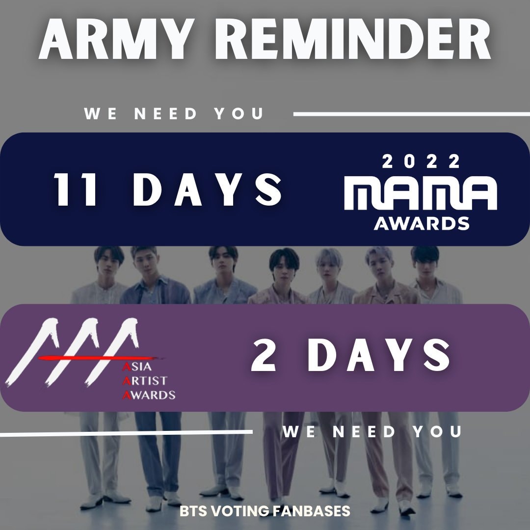 BTS Community Post - ATTENTION ARMY📢OUR BOYS ARE ON 2TH PLACE AT THE AAA AND MAMA 2022 SO WE ...