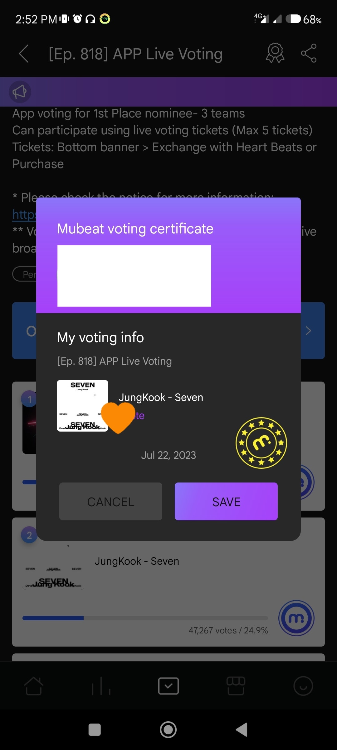 BTS Community Post - WHAT HAPPENED? WERE LOSING ARMY.. PLEASE VOTE VOTE VOTE SEVEN OF JK ! 🙏💜 ...