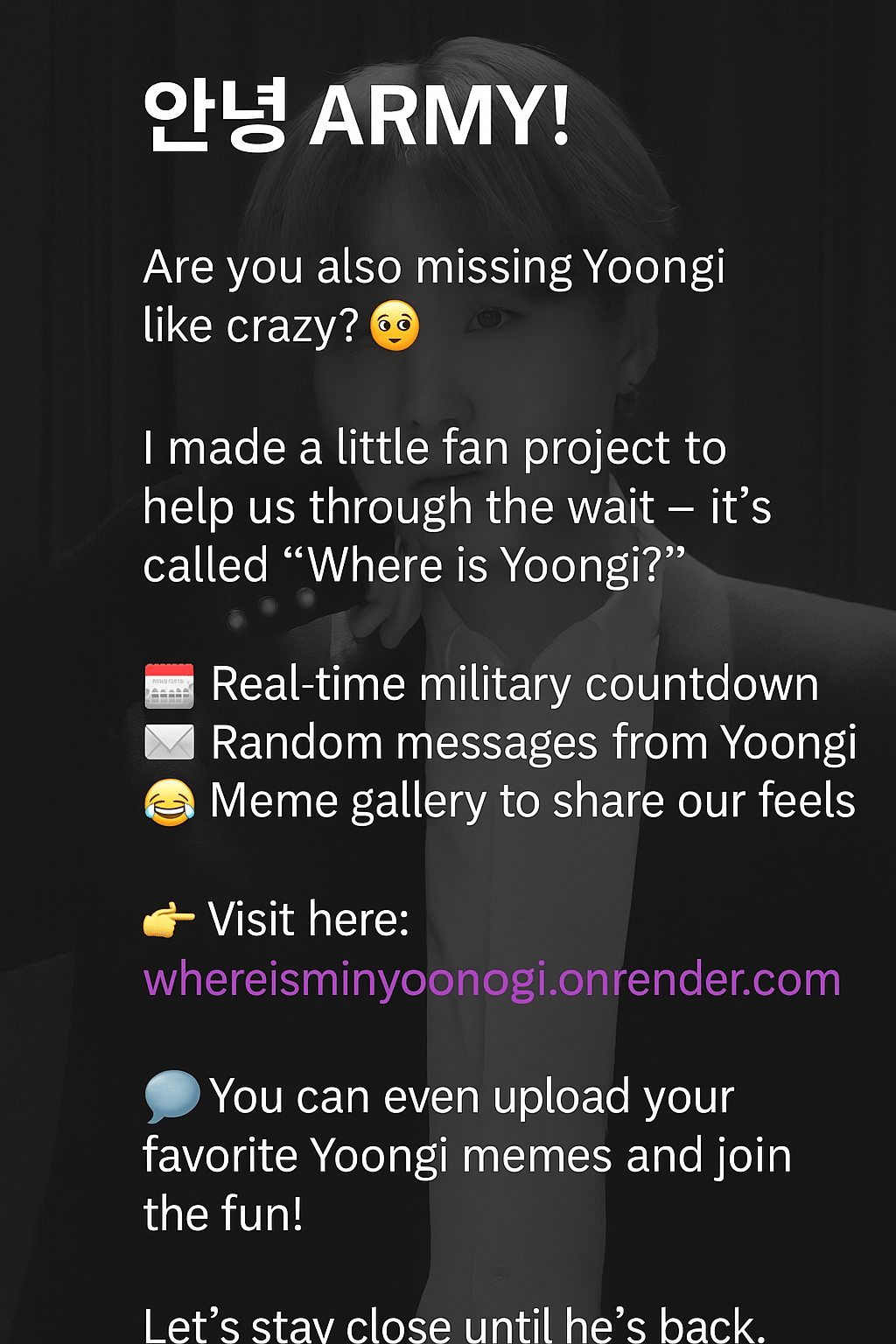 BTS Community Post - #WhereIsYoongi #BTS #Yoongi #ARMY #FanProject 안녕 ARMY! 💜 Are you also ...