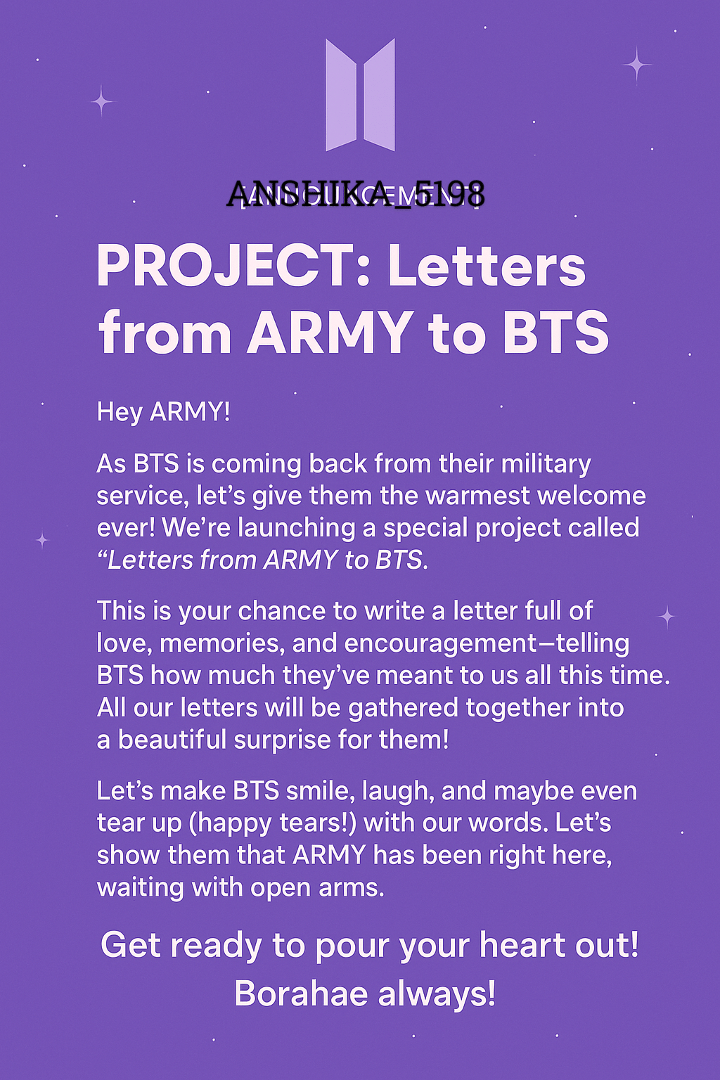 BTS Community Post - PROJECT: Letters from ARMY to BTS As BTS returns from military service, we ...