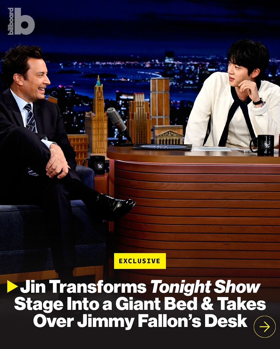 BTS Community Post - "Jin, do BTS, transforma o palco do 'Tonight Show' em uma cama gigante e ...