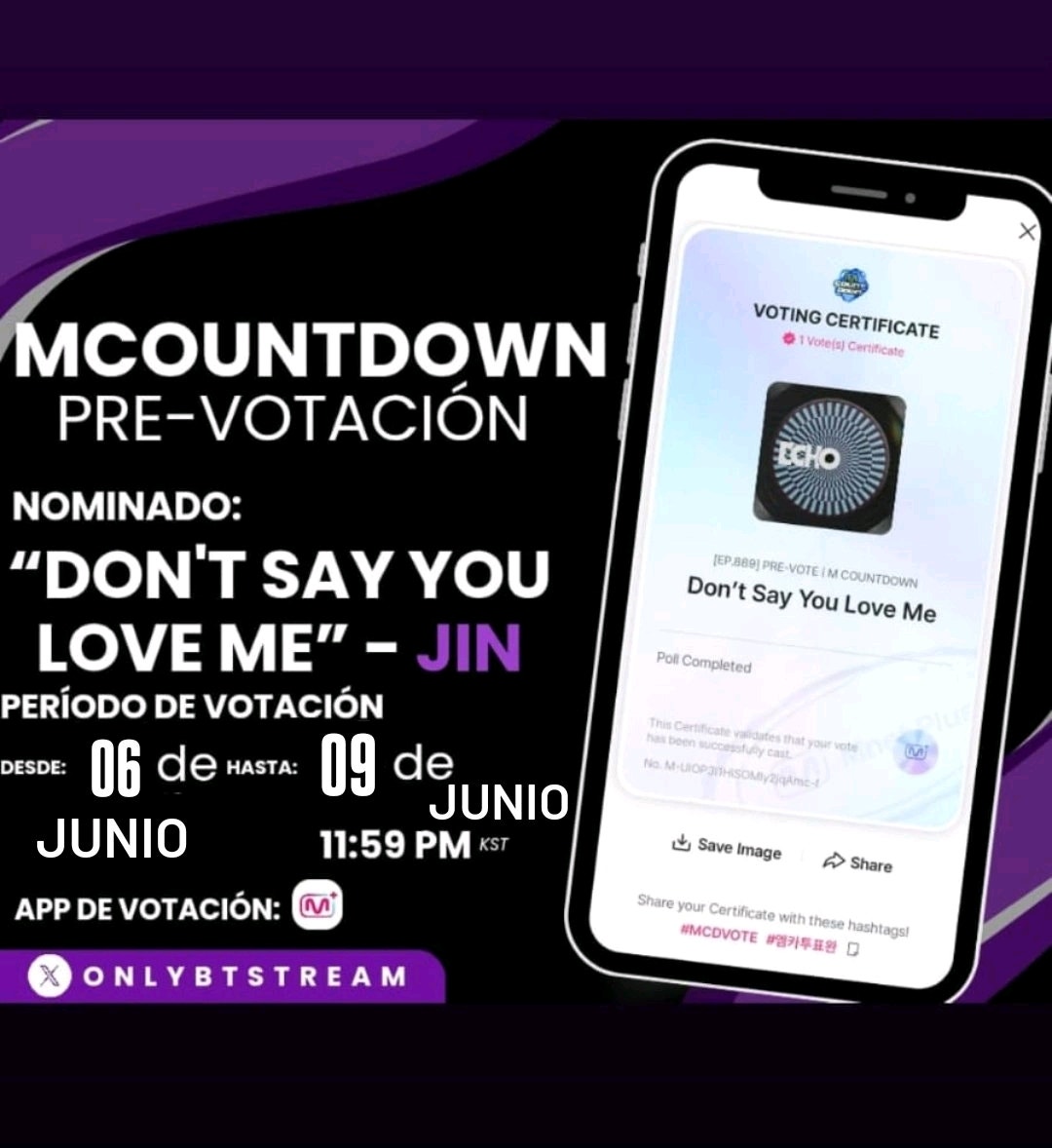 BTS Community Post - 🗳️ | PRE - VOTACION MNET "Don't Say You love me" de #JIN esta nominado en ...