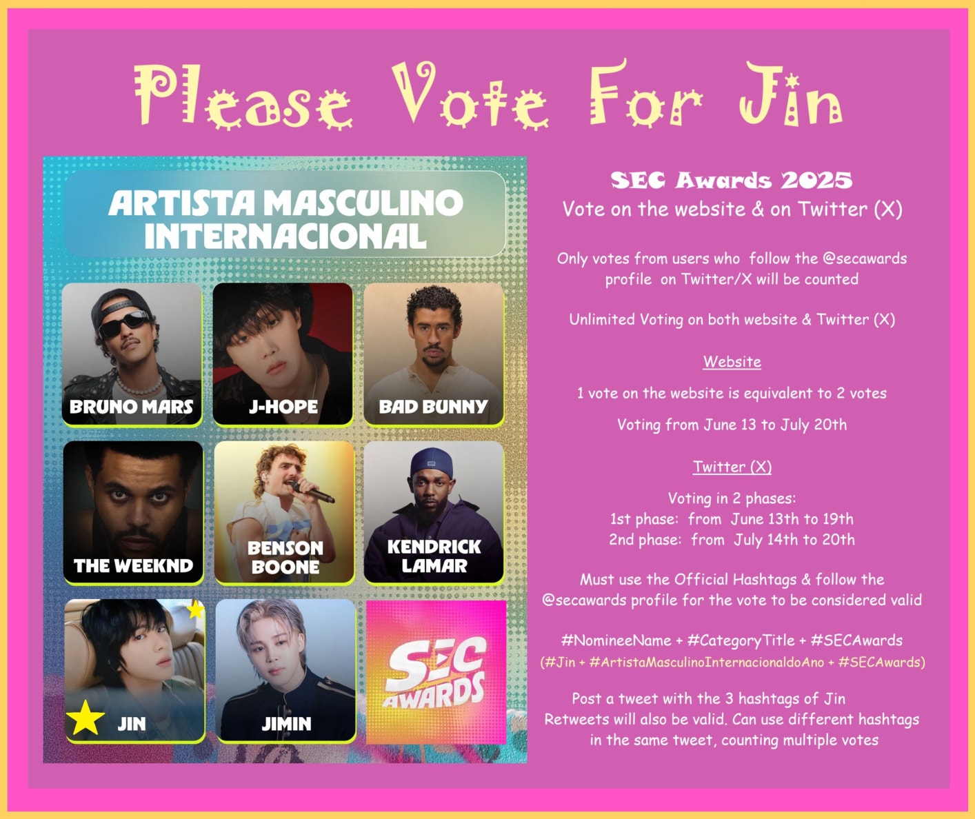 BTS Community Post - 🥳 Please VOTE for Jin 🥳 Website🔗 https://secawards.seriesemcena.com.br/# ...