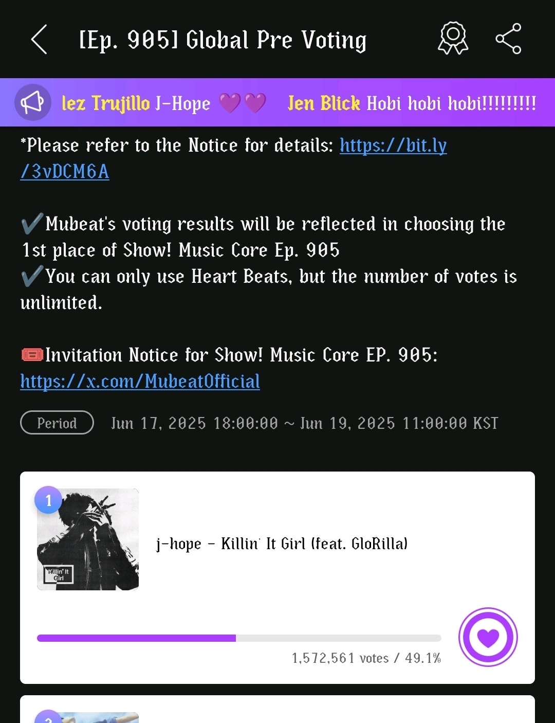 BTS Community Post - ⛔MUSIC CORE VOTING, MUBEAT⛔ ⏰ till 19 June( 11pm kst) 🗳️ 1vote = 3 Beats ...