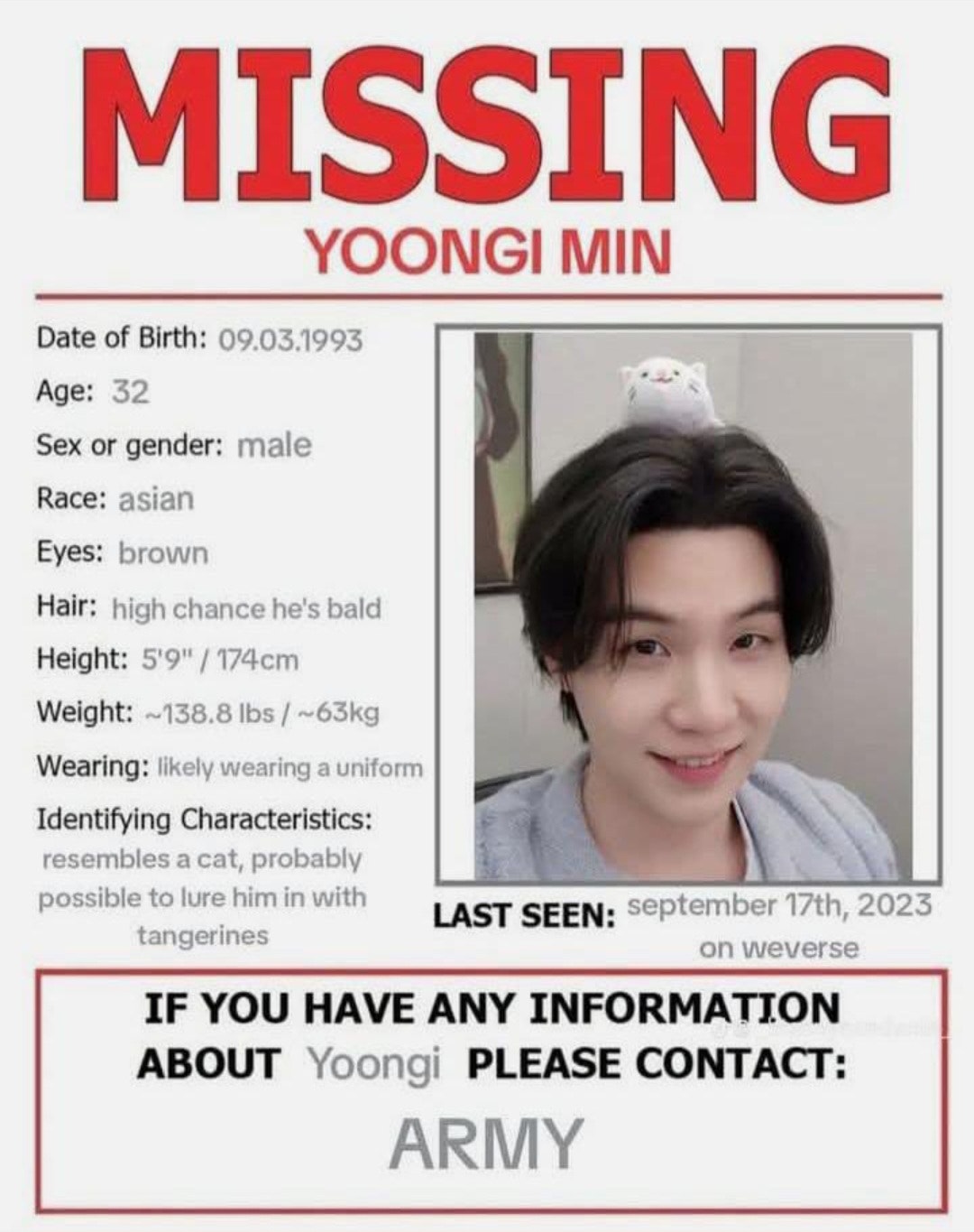 BTS Community Post - If you find him, I'll give you a cat....😽💜🎀🥂💫