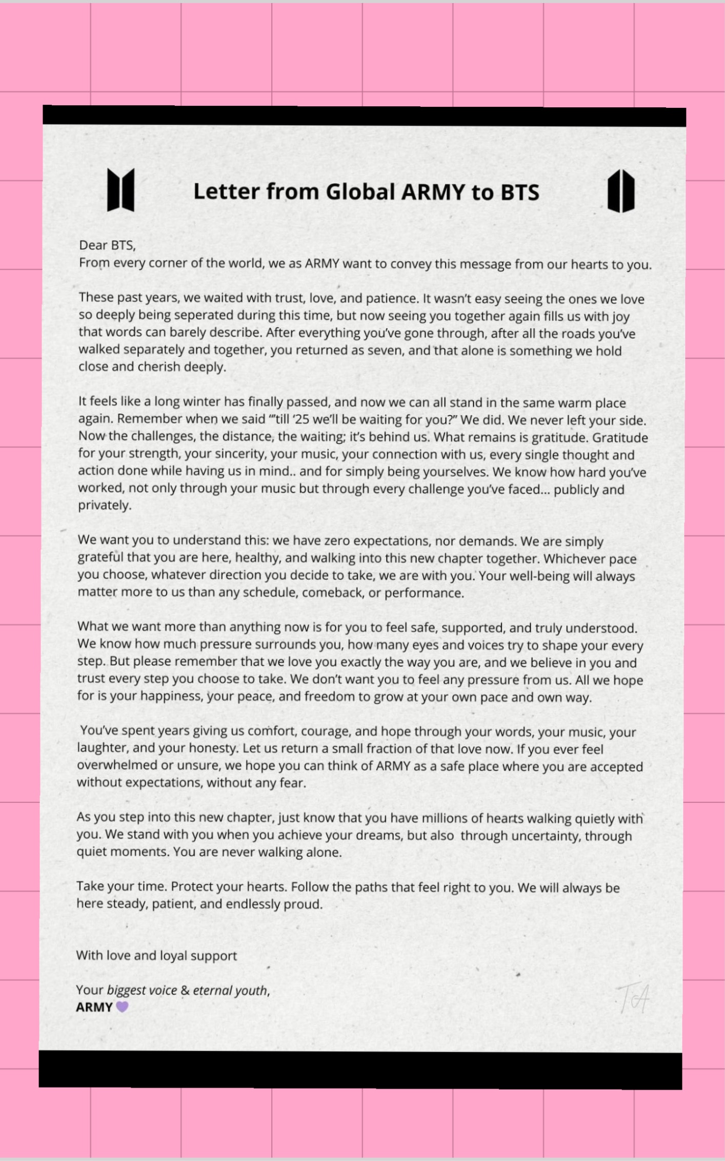 BTS Weverse Fan Letter