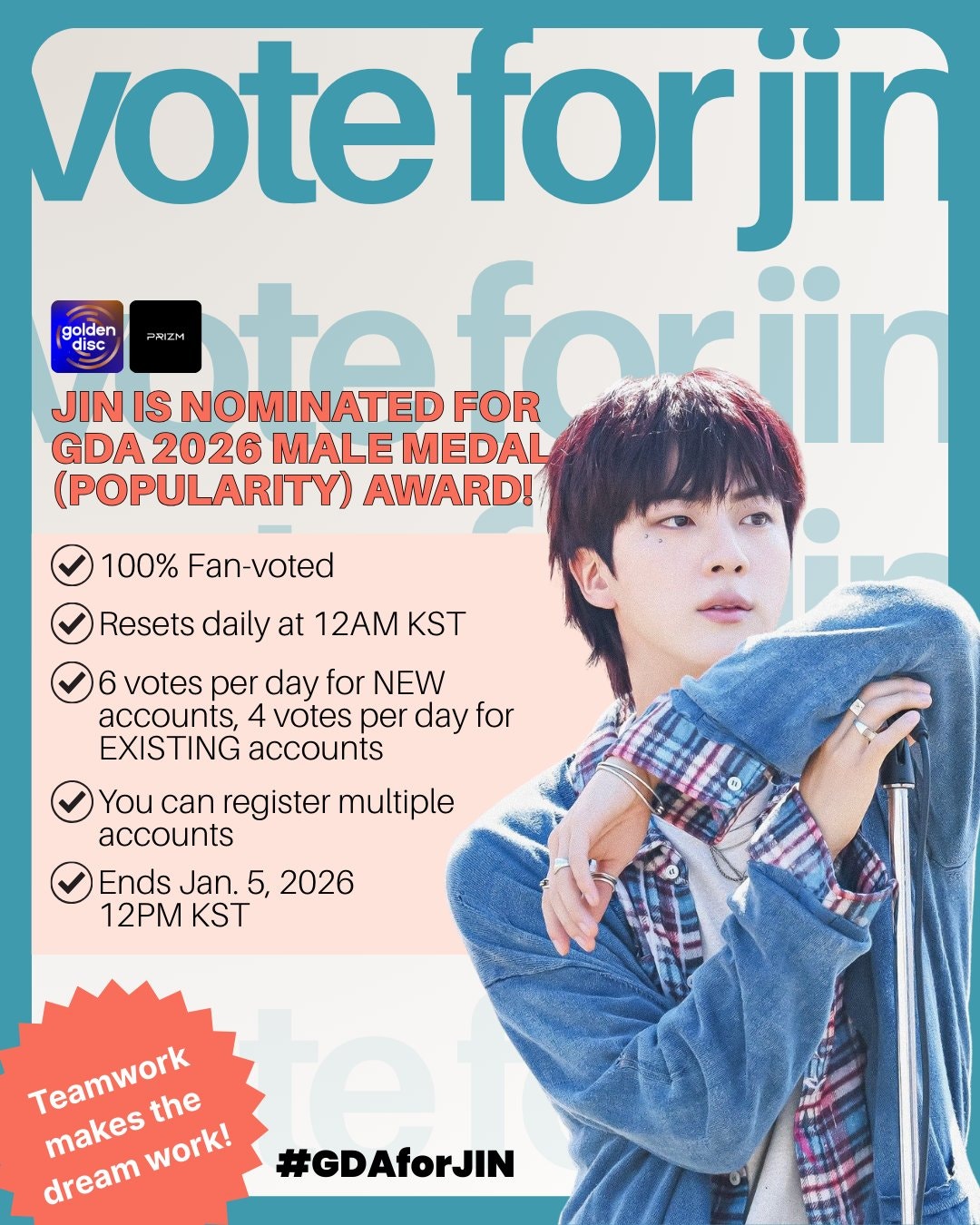 BTS Community Post - ARMY PLEASE, INCREASE THE VOTE FOR JIN ON GDA ‼️ ...