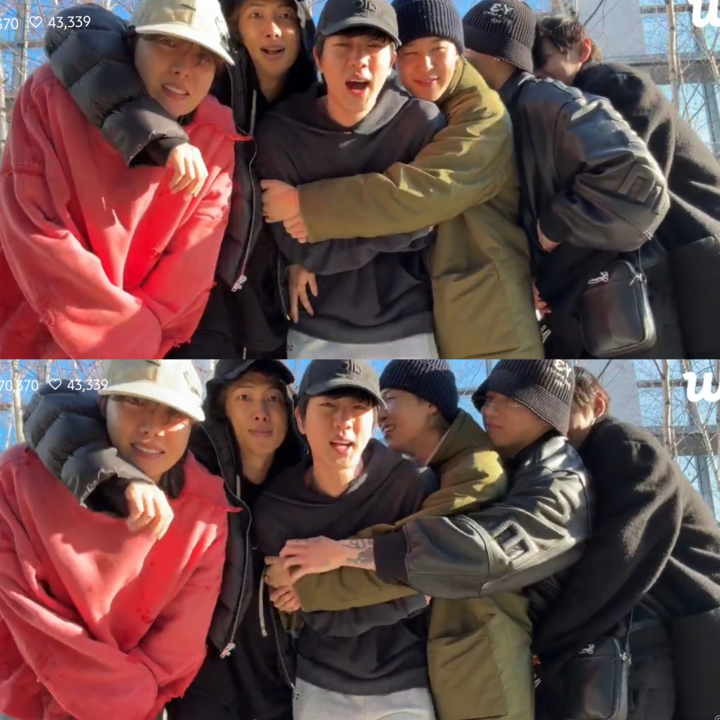 BTS Community Post - 6/7 members hugging each other 💜🫶🏻🥹